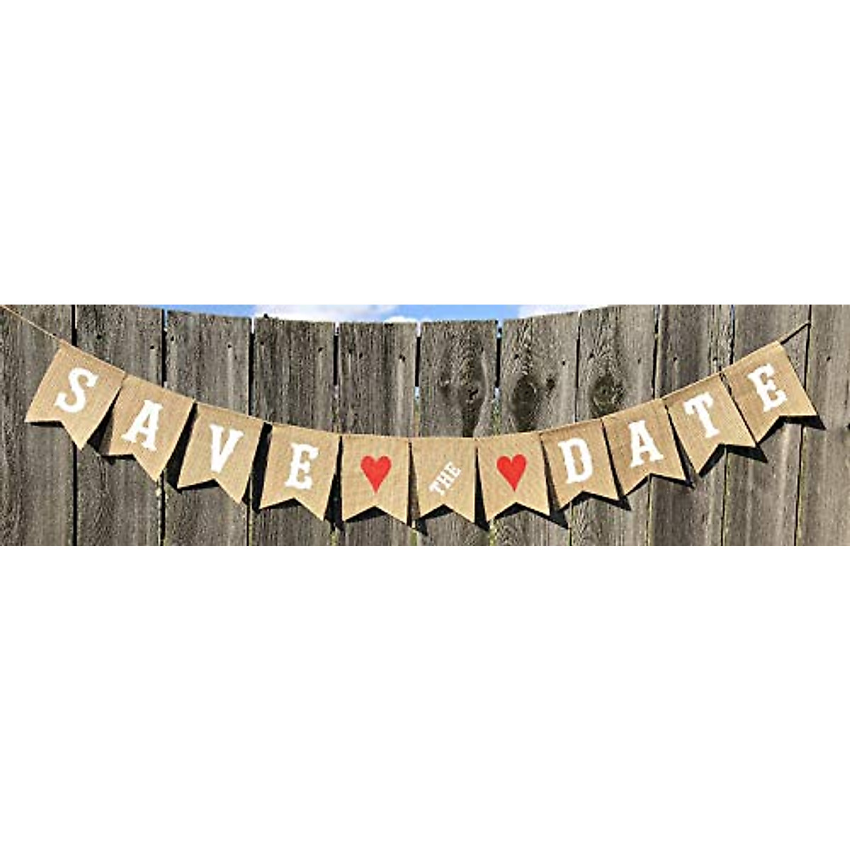 Save The Date Burlap Banner - Engagement Picture Prop Wedding Announcement - Ready to Hang Bridal Shower Decoration – White Letters & Red Hearts Garland by Jolly Jon