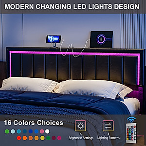 IKIFLY King Size LED Headboard with 2 USB Ports, Adjustable Height - Modern Faux Leather Headboard with Changing LED Lights - Easy Assembly, Upholstered King Headboard Only for Bedroom - Black