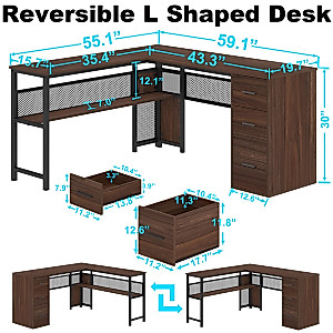 LVB L Shaped Desk with Drawers, Reversible L Shape Computer Desk with Storage Cabinets for Home Office, Large Wood Metal Executive Corner Writing Desk Table for Work Study Gaming, Walnut, 59 Inch