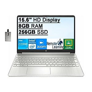 HP 2022 15.6" HD 250 nits Laptop Computer, 11th Gen Intel Core i3-1115G4 (Beats i5-1035G1), 8GB RAM, 256GB PCIe SSD, Intel UHD Graphics, 720p HD Camera, Windows 10 S, Silver, 32GB SnowBell USB Card