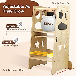 4 in 1 Convertible Learning Tower for Toddlers, MONBLAM Foldable Kitchen Step Helper Stool with Adjustable Height & Safety Rail for 1.5-5Y Kids Kitchen Bathroom Counter