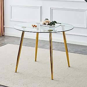 Ginxesh Modern Round Glass Dining Table for 4,40 Inch Small Round Dining Table with Gold Chrome Metal Legs,Circle Dining Table for Kitchen,Apartment(Gold, Table)