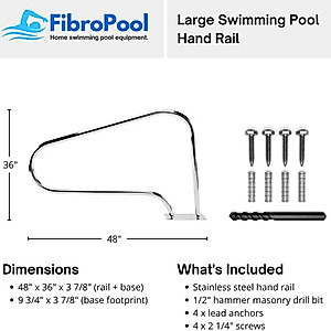 FibroPool Swimming Pool Hand Rail with Easy Mount Base Plate, Rust and Weather Proof Grab Rails for Pools and Spas, Large (Stainless Steel)