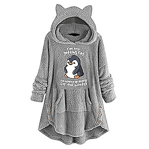 WOSHUAI Onesie Pajamas for Women, Warm & Soft Fleece Short Cat Ear Hooded Pjs Turtleneck One-Piece Cartoon Graphic Tees Romper, WOSHUAI, A#gray, X-Large