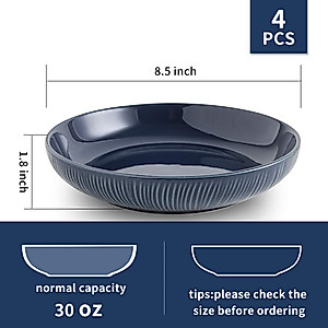KOOV Ceramic Pasta Bowls Set of 4, 30 OZ Large Salad Bowls Set, Large Bowl For Eating, Pasta Plates, Ceramic Bowls Irregular Striped Series (Aegean)
