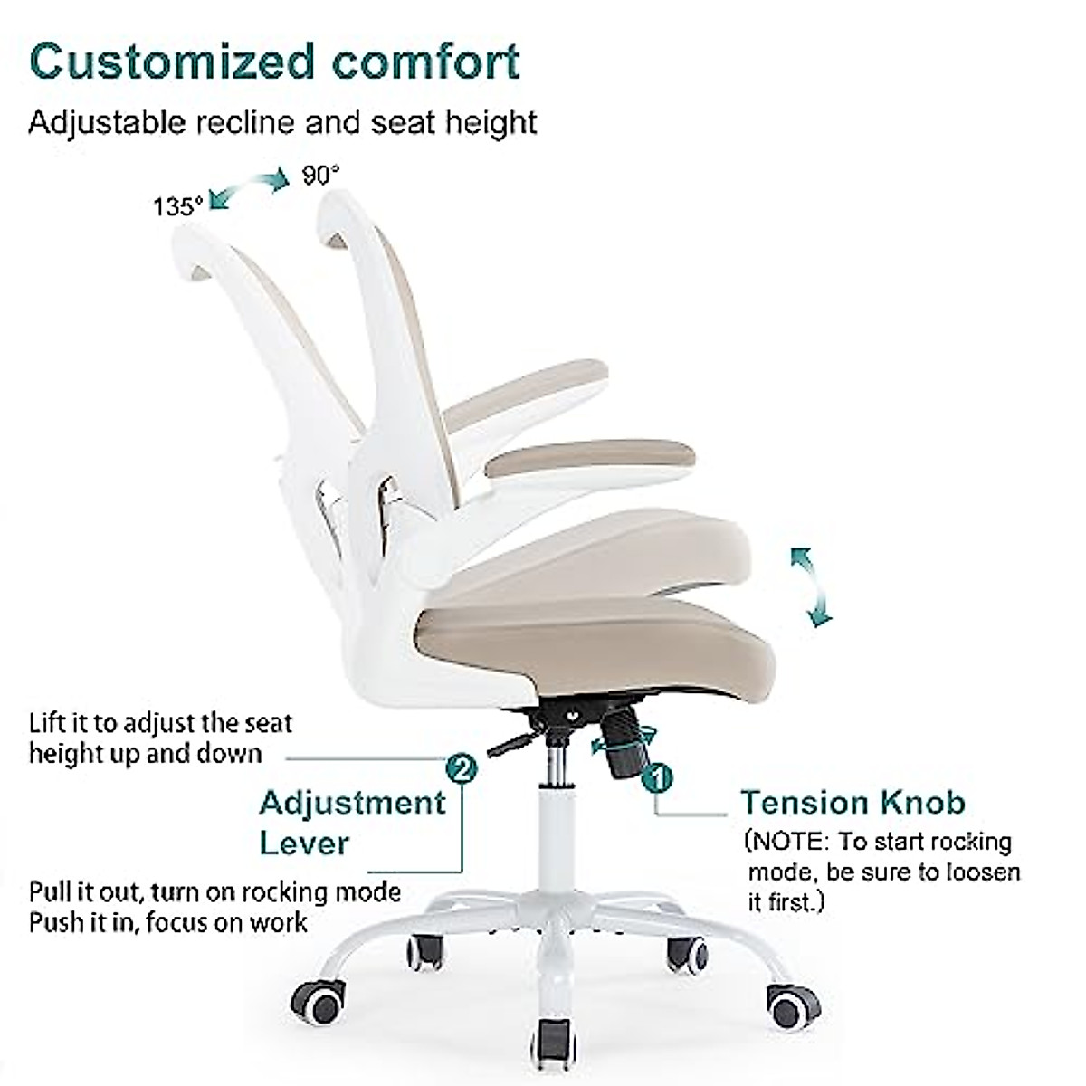 Office Chair Ergonomic Desk Chair - PU Leather Thick Cushion Adjustable Height Computer Chair with Lumbar Support and Flip-up Armrests, Home Office Desk Chairs, Swivel Executive Task Chair, Khaki