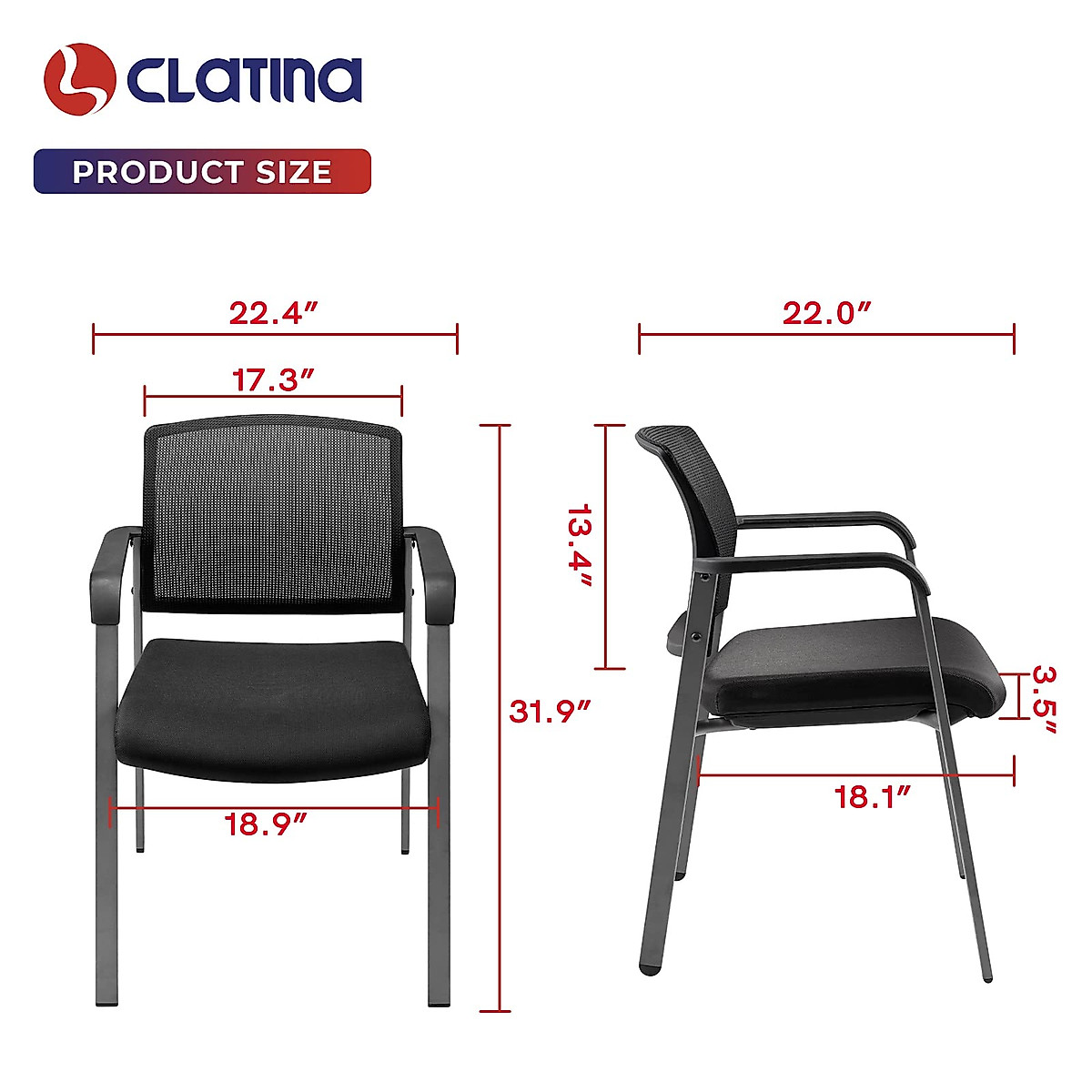 CLATINA Guest Reception Stacking Office Chairs with Arm, Mesh Back Waiting Room Chair with Upholstered Fabric Seat and Ergonomic Lumbar Support for Office Conference School Church, Black-2 Pack
