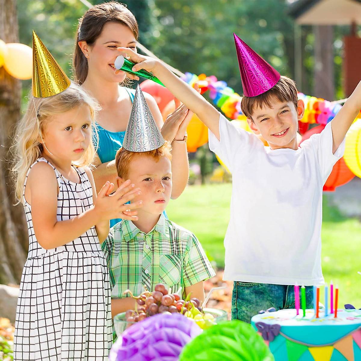 Lainrrew Metallic Foil Party Cone Hats - 50 Pcs Colorful Paper Art Craft Caps for Birthday Parties, Wedding, Christmas, Kids & Adults