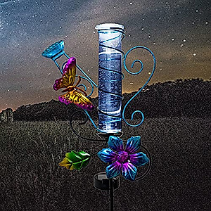 HOBYLUBY 37‘’ Butterfly Rain Gauges with Solar Lights for Outdoor Decorations, Garden, Yard, Lawn, Patio, Backyard Décor