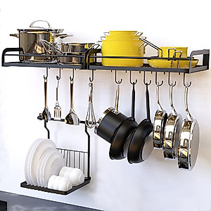 ETECHMART Hanging Pot Rack, 3 in 1 Wall Mounted Pan Holder with 10 Hooks, Heavy Duty Dish Rack Cookware Organizer, Kitchen Storage Shelf for Utensils, 2 Installation Way, Easy Assembly, Black