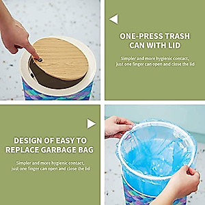 Small Trash Can with Lid Seamless Fish Scale Ornament Blue Purple Colors Garbage Bin Wood Waste Bin Press Cover Round Wastebasket for Bathroom Bedroom Diaper Office Kitchen