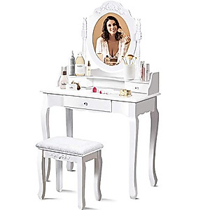 SPSUPE Click Image to Open expanded View Vanity Set with Oval 360° Rotating Mirror, Makeup with3 Storage Drawers, Painted Finish,Removable Top, Wooden Dressing Table, White