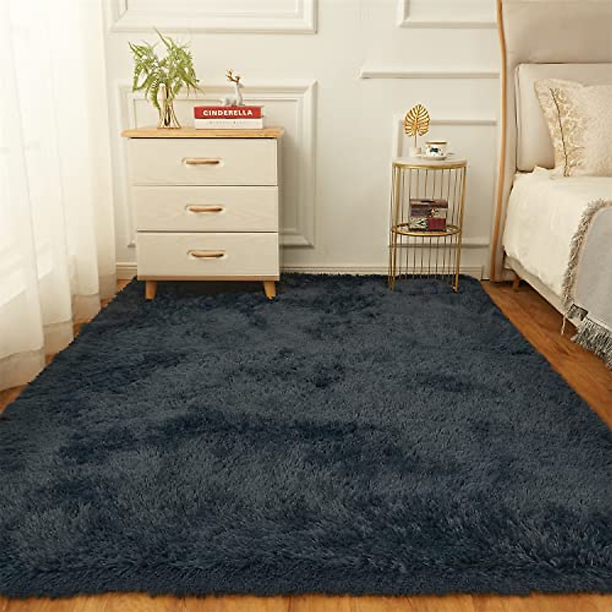 AMTOVO Shag Area Rugs for Bedroom, Navy Blue Fluffy Rug Plush Living Room Carpet 5 x 7 Feet, Indoor Modern Plush Area Rugs, Fuzzy Nursery Shaggy Rugs for Kids Room