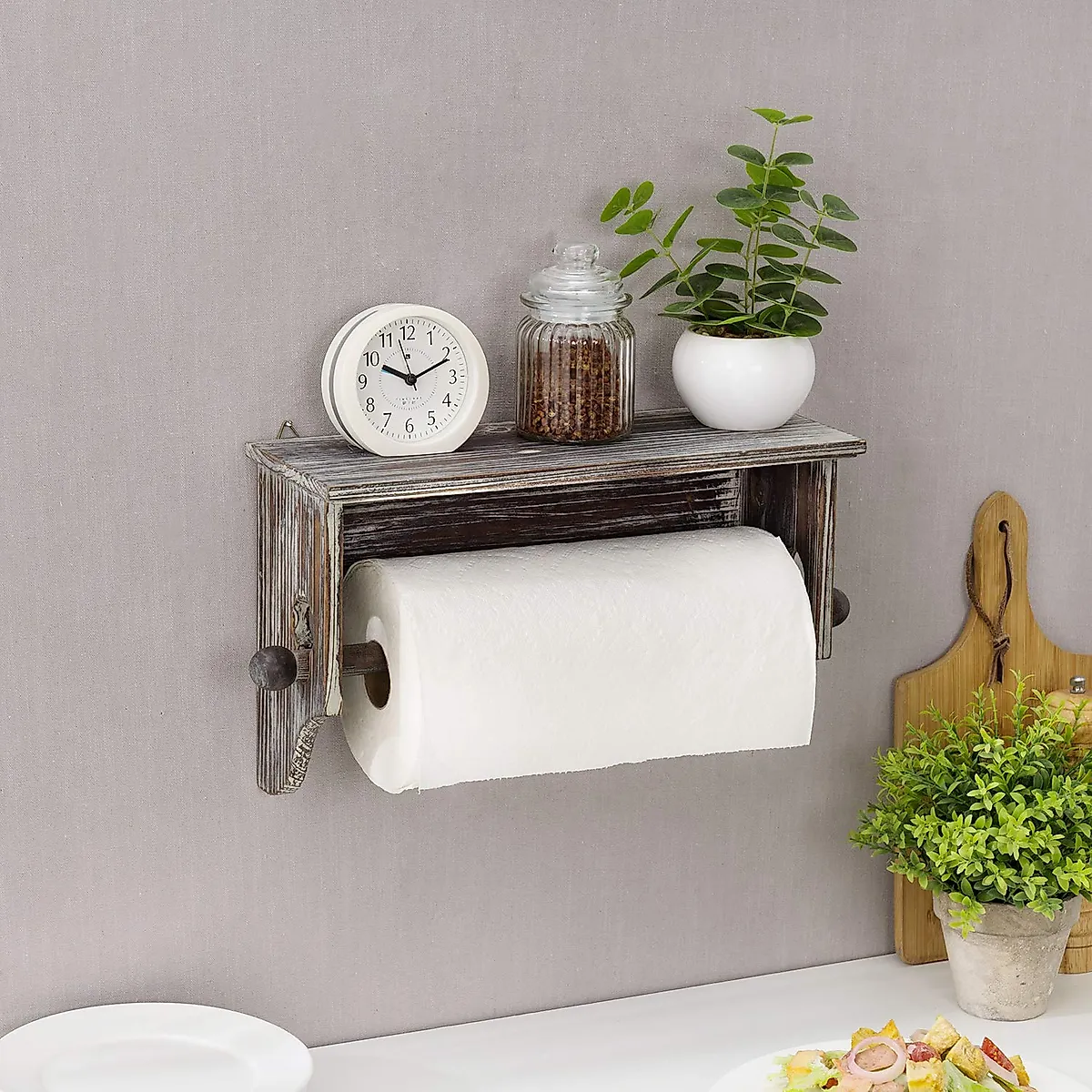 MyGift Wall Mounted Solid Torched Wood Paper Towel Roll Holder with Display Storage Shelf, Kitchen Hand Towel Bar with Top Storage Spice Rack