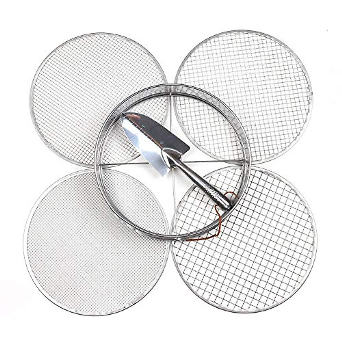 Practicool Garden Potting Mix Sieve - Stainless Steel Riddle - Soil sifting pan - with 4 Interchangeable Filter mesh Sizes - 3,6,9,12 mm and Bonus Spade