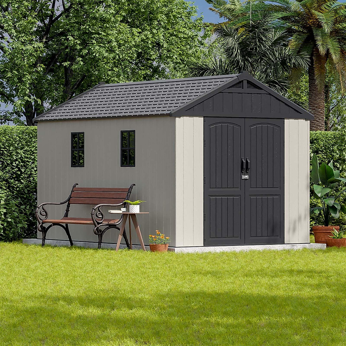 VICTONE Plastic Outdoor Storage Shed 8 x 12 FT with Floor, Resin Tool Shed with Two Windows and Lockable Door for Garden, Backyard, Easy to Install in Gray and White (Kick-it Shed)
