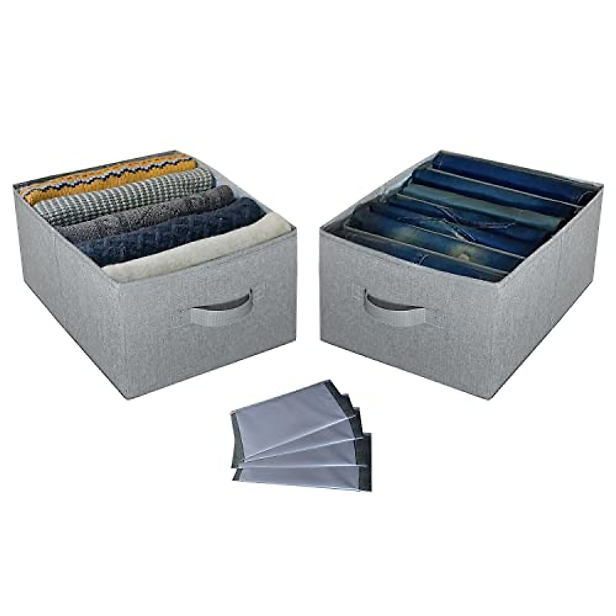 Large Linen Jeans Organizer for Closet with 6 Removable Dividers and 2 Handles for up to 7 Grids - Foldable Wardrobe Clothes Storage Organizer for Folded Clothes: Jeans, Pants, Sweaters (2 Pack)