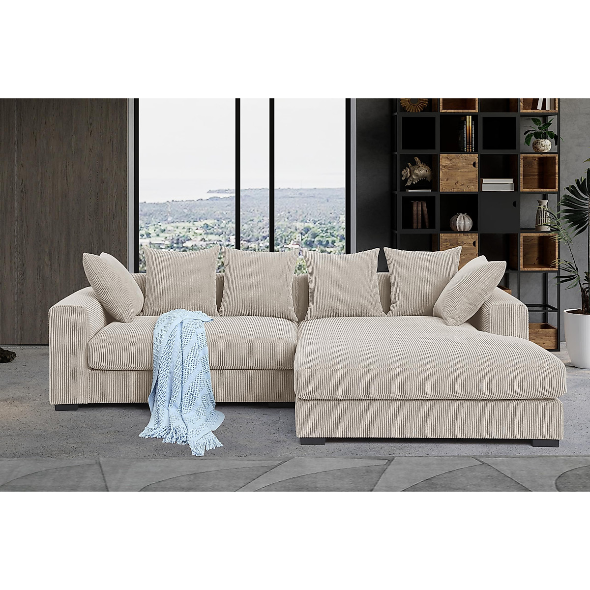 ACQCA 110" Modern Sectional Sofa with Right Facing Chaise, L Shaped Sleeper Couch with 6 Throw Pillows, Corduroy Loveseat for Living Room, Apartment, Beige 1