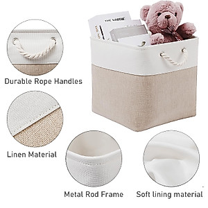 MidmmVick 13 x 13 Inch Cube Storage Bins, 6 Pack Extra Large Collapsible Fabric Storage Bin with Ropes, Foldable Storage Cubes for Home (White & Beige-13"x13"x13")