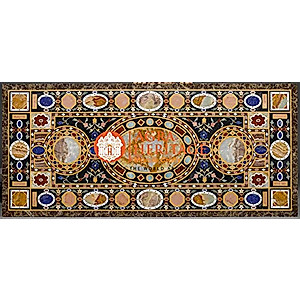 74"x38" Black Marble Big Dining Table Top Marquetry Inlay Gemstone Scagliola Decor