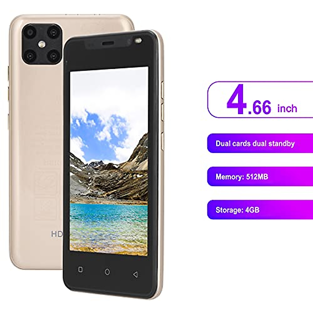 IP 12 Pro 4.66in Unlocked Smartphone, 512MB+4GB, for Android 4.4.2, 0.3MP+ 2MP,1500mAh, Dual Card Dual Standby Cell Phone, WiFi+BT+FM Supported, Expanded 128GB Memory(Gold)