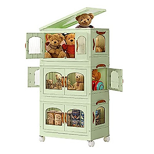 EHAMILY Stackable Storage Bins with 1 Lid Set 3 Tier,8.4 Gal Clear Plastic Folding Storage Box with Wheel and Door,Large Foldable Cabinet Collapsible Bin for Closet Organizer,Clothes,Green