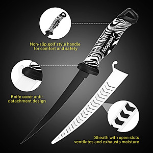 Gonex Fishing Fillet Knife, Stainless Steel Curved Boning Knife with 1 Two Stage Grindstone Knife Sharpener, Sharp Knife for Fishing Filleting, Ventilated Knife Cover Sheath with Open Slots