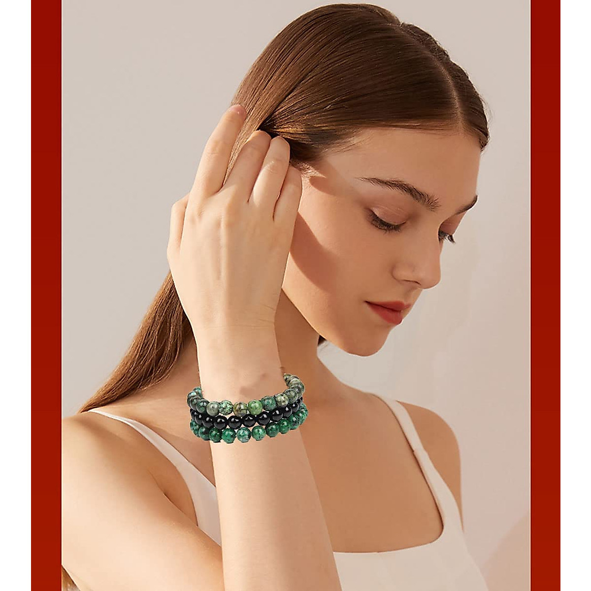 SONNYX 3Pcs 8mm Semi-Precious Gemstones Beaded Bracelets for Women Men Healing Crystal Stone Bracelet Stretch Round Beaded Elastic Bracelets Unisex Jewelry Gifts(GREEN)