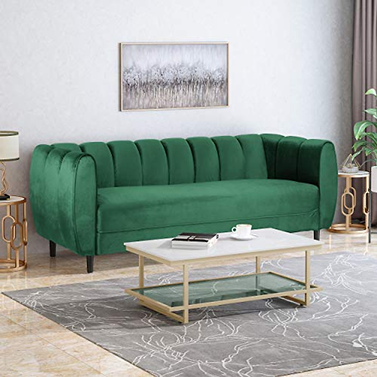 Christopher Knight Home Miranda Velvet 3 Seater Sofa, Emerald, Dark Brown