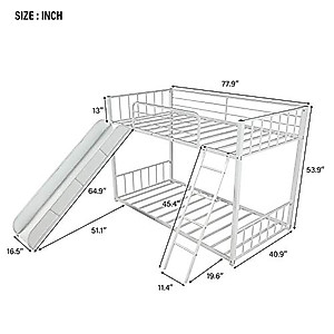 Metal Loft Bunk Bed with Slide and Ladder, Multifunctional Design, with Safety Guard Rails for Kids Teens Adults/Easy to Assemble/No Box Spring Required (White)