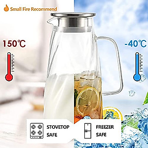 Vzaahu Glass Pitcher with Lid and Handle - Iced Water Carafe - [57 ounces,1.7 L] Lead-free Borosilicate Glass Beverage Jug - Sun Tea Pot Lemonade Milk Dispenser for Fridge Teapot Coffee Juice