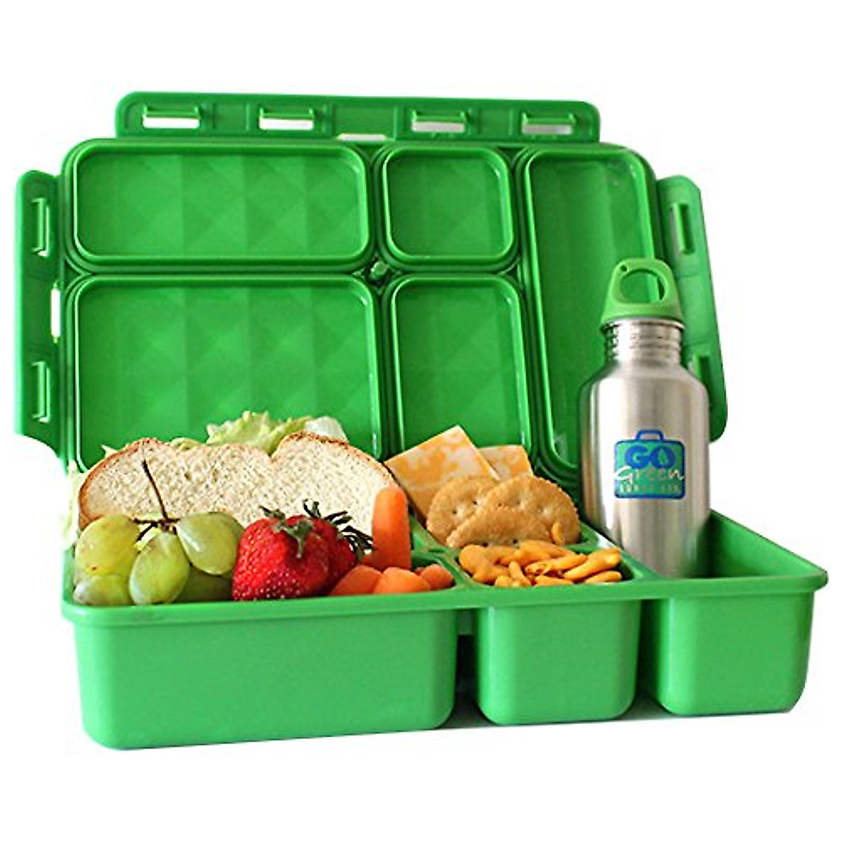 Go Green Lunch Box Lunch Box Set With 5 Compartment Leak-Proof Bento Lunch Box, Insulated Carrying Bag, Beverage Bottle, and Gel Freezer Pack Adults and Kids Space Planets Black White (Spaced Out)