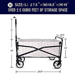 Collapsible Wagon Cart Tile Pink Polka dots on White Foldable Utility Wagon Large Capacity Garden Cart with Push Bar for Beach Camp Outdoor Shopping