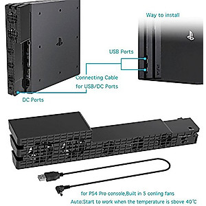 Megadream PS4 Pro USB Cooling Fan, External 5-Fans Super Turbo Temperature Cooler System with USB Cable for Sony Playstation 4 Pro Gaming Console - Black
