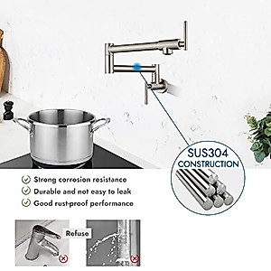 Cinwiny Brushed Nickel Pot Filler Wall Mount Kitchen Restaurant Sink Faucet Stainless Steel Stretchable Commercial Faucet with Folding Double Joint Swing Arm Single Hole Two Handles
