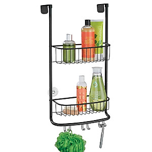 mDesign Stainless Steel Bath/Shower Over Door Caddy, Hanging Storage Organizer 2-Tier Rack with 6 Hooks and 2 Baskets - Holder for Soap, Shampoo, Loofah, Body Wash, Omni Collection, Matte Black