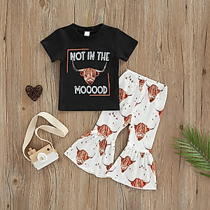 Toddler Kids Baby Girl Outfit Cow Print Short Sleeve T-Shirt Top+Cartoon Flared Pants Set Western Girls Clothes (A2- Black, 18-24 Months)