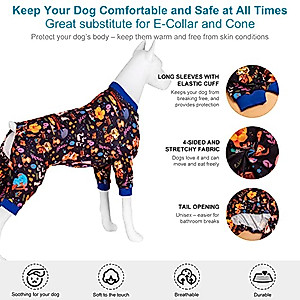 LovinPet Full Onesie for Large Dog, Lightweight Stretchy Fabric, Woodland Musicians Black Print Dog Pajamas, UV Protection, Lage Breed Dog Jammies, Pet PJ's/XXL