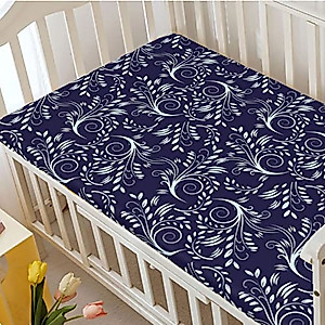 Royal Blue Themed Fitted Mini Crib Sheets,Portable Mini Crib Sheets Soft and Breathable Bed Sheets-Baby Sheet for Boys Girls,24“ x38“,Indigo White