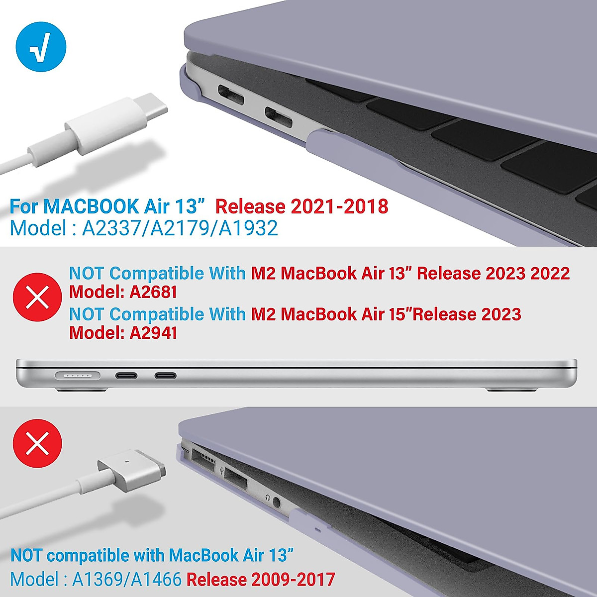 IBENZER Compatible with 2022 2021 2020 MacBook Air 13 inch case M1 A2337 A2179 A1932, Plastic Hard Shell Case for Mac Air 13 Retina Display with Touch ID, Lavendar Gray,AT13LVGY