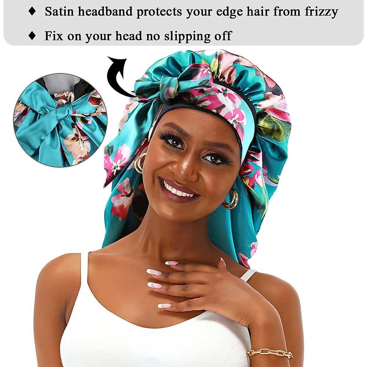 sent hair Extra Long Satin Bonnet Sleep Cap for Women, Double Layer Silky Hair Bonnet for Braids/Curly/Long Hair - Soft Elastic Band, Green Floral
