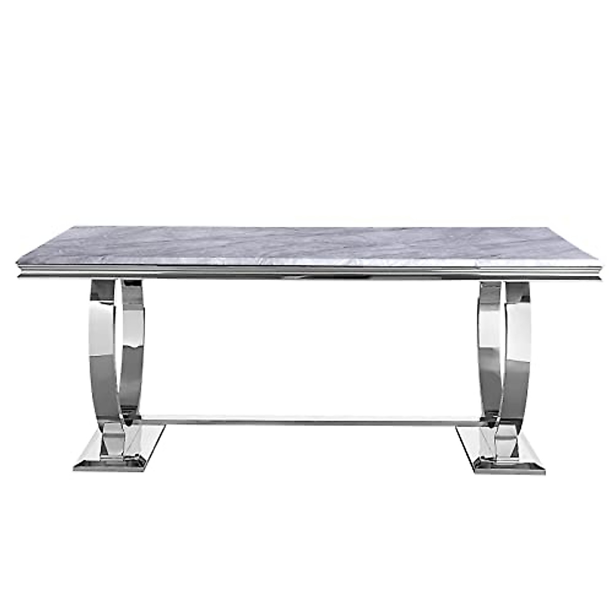 ACEDÉCOR Modern Dining Room Table with Silver Stainless Steel Metal U-Base in Grey Silver