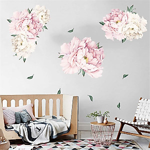Peony Flowers Wall Sticker Waterproof PVC Rose Flowers Wall Decals Removable Floral Wall Decor Sticker for Living Room Bedroom Nursery Room