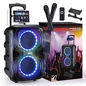 ABRATO Karaoke Machine for Adults & Kids – Bluetooth Speakers with Dual 8" Subwoofer & DJ Lights – Bonus 2 Wireless Microphones - Ideal for Home Party Camping Singing