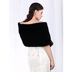 GORAIS Women's Wedding Faux Fur Shawls and Wraps Long Bridal Fur Scarf Stoles with Brooch for Bride and Bridesmaids (Black)