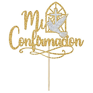 Mi Confirmacion Cake Topper, First Holy Communion, God Bless, Bridal Shower/Wedding/Baptism/Christening Baby Shower Party Decorations Gold Glitter