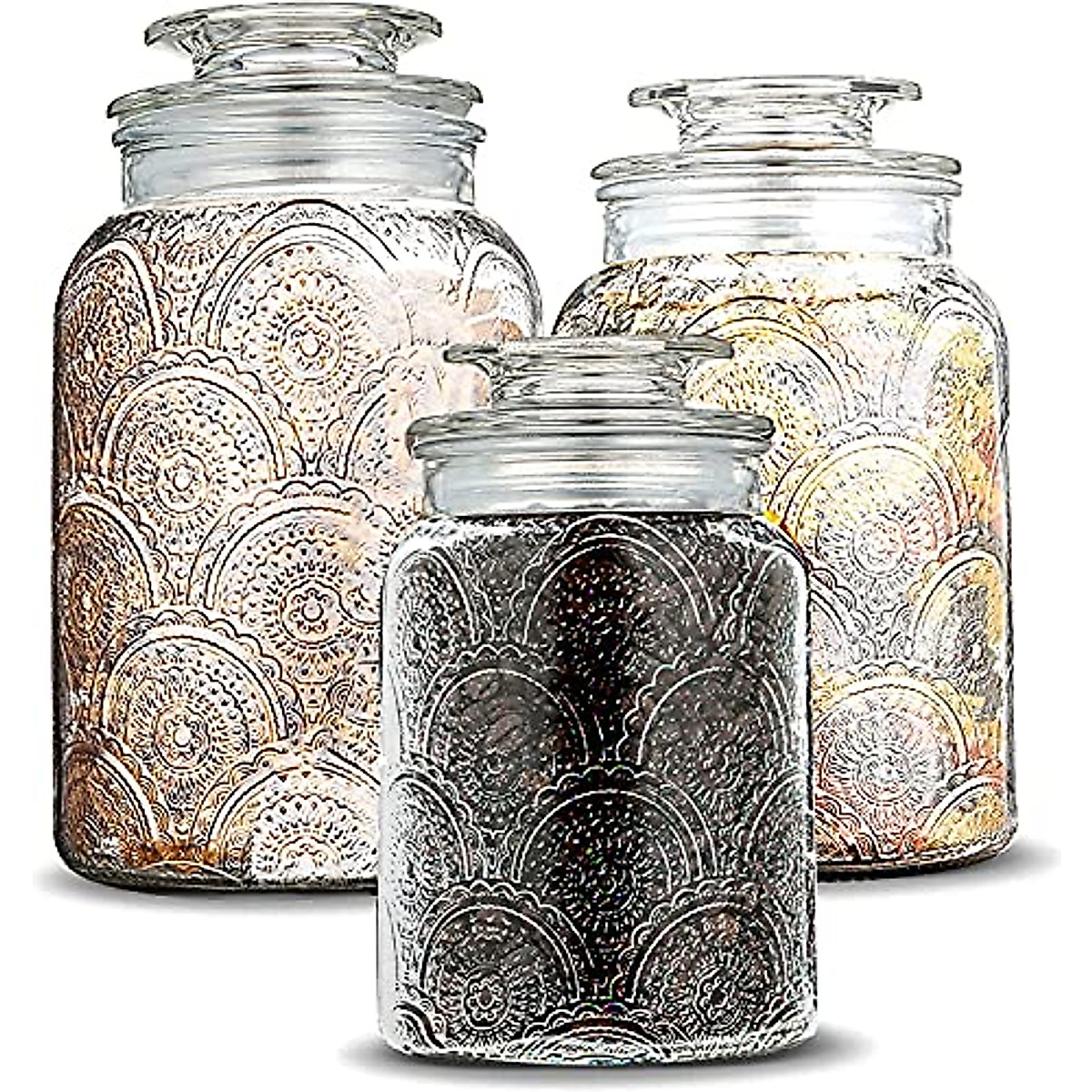 3pc Glass Canisters Set for Kitchen Counter with Airtight Lids - Retro Design - Pantry Organization Food Storage Containers for Cookies, Tea, Sugar, Candy Jars, Sugar Packet Holders, Great gift.