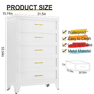 pozdeg 5 Drawers Dresser for Bedroom, 53.5" H Tall Metal Storage Organizer Drawer Chest with Large Capacity, Office Home Multi-Functional Accent Cabinet for Bedroom Hallway Closet