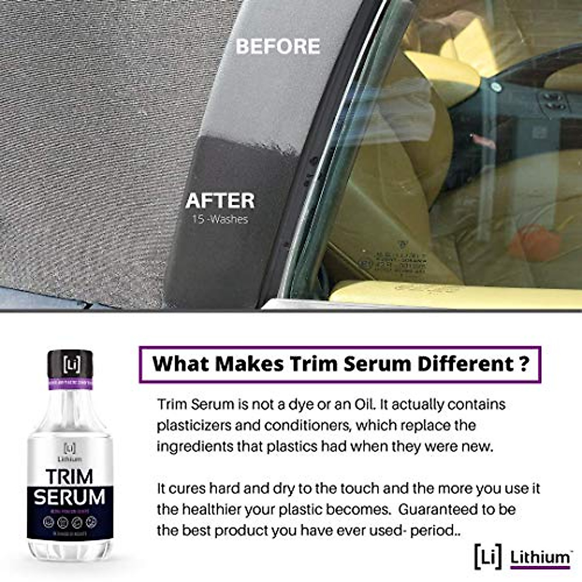 Trim Serum- Plastic Restorer- Restores Even the Most Damaged Plastic, Rubber and Vinyl, Last For Months, Penetrates Plastic Pores Restoring Color. (16oz).