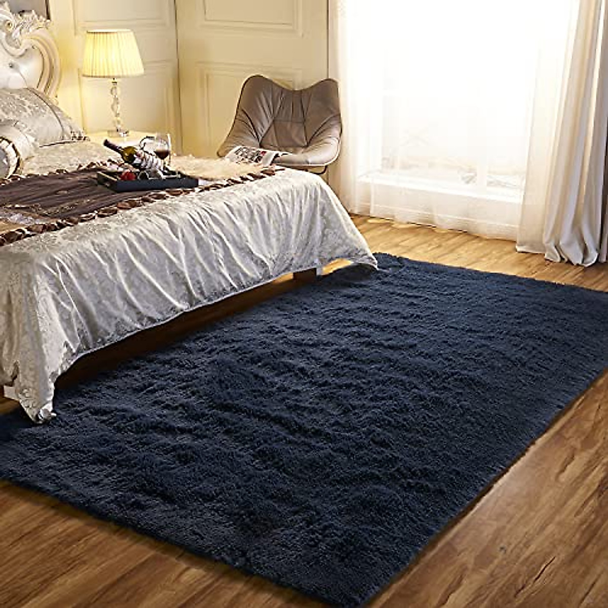Area Rugs for Bedroom Living Room Nursery Room, 5ft x 7ft Navy Blue Fluffy Carpet for Teens Room, Shaggy Clearance Fuzzy Plush Throw Rug for Dorm